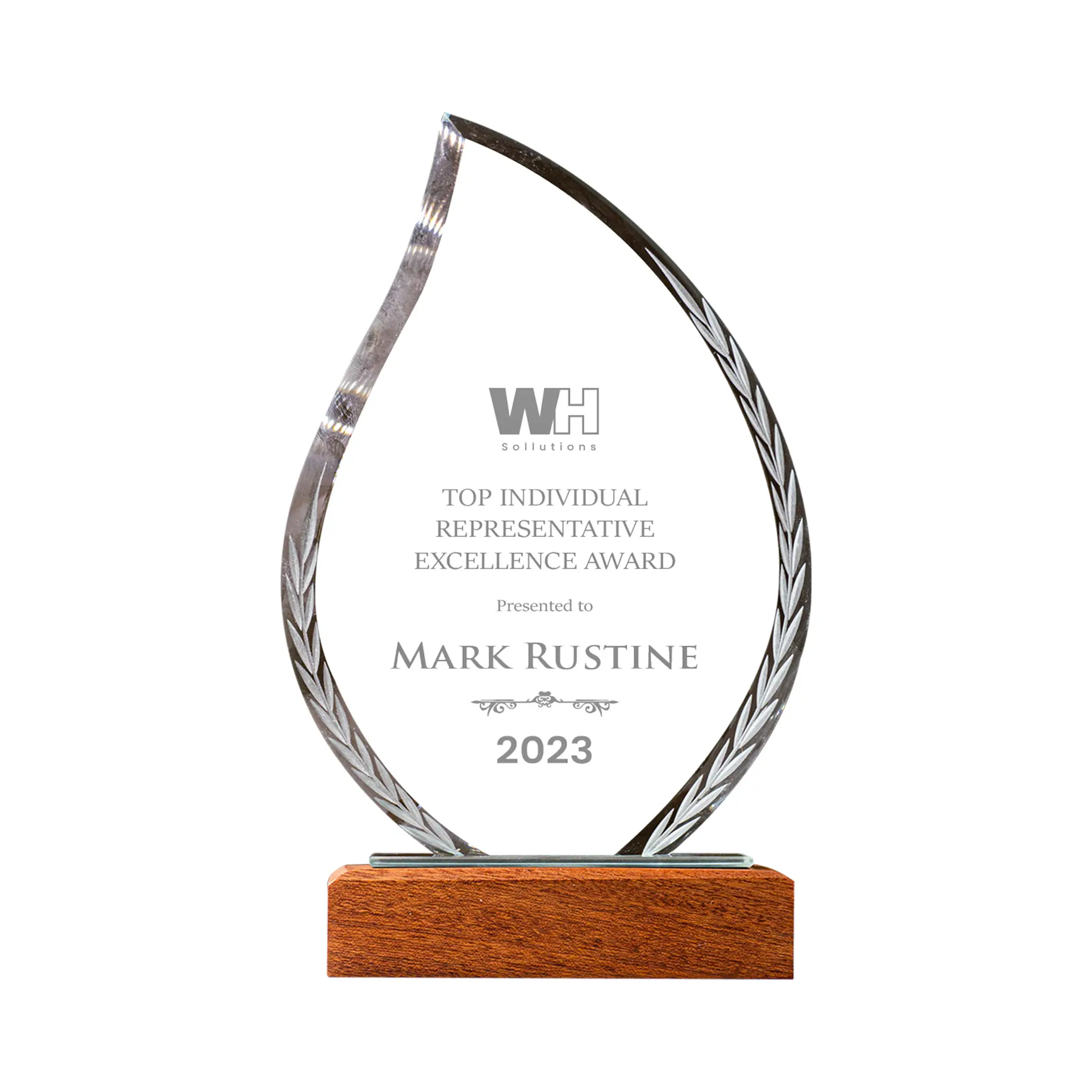 Leaf Shaped Crystal Trophy with Wooden Base | Custom Corporate Awards Dubai