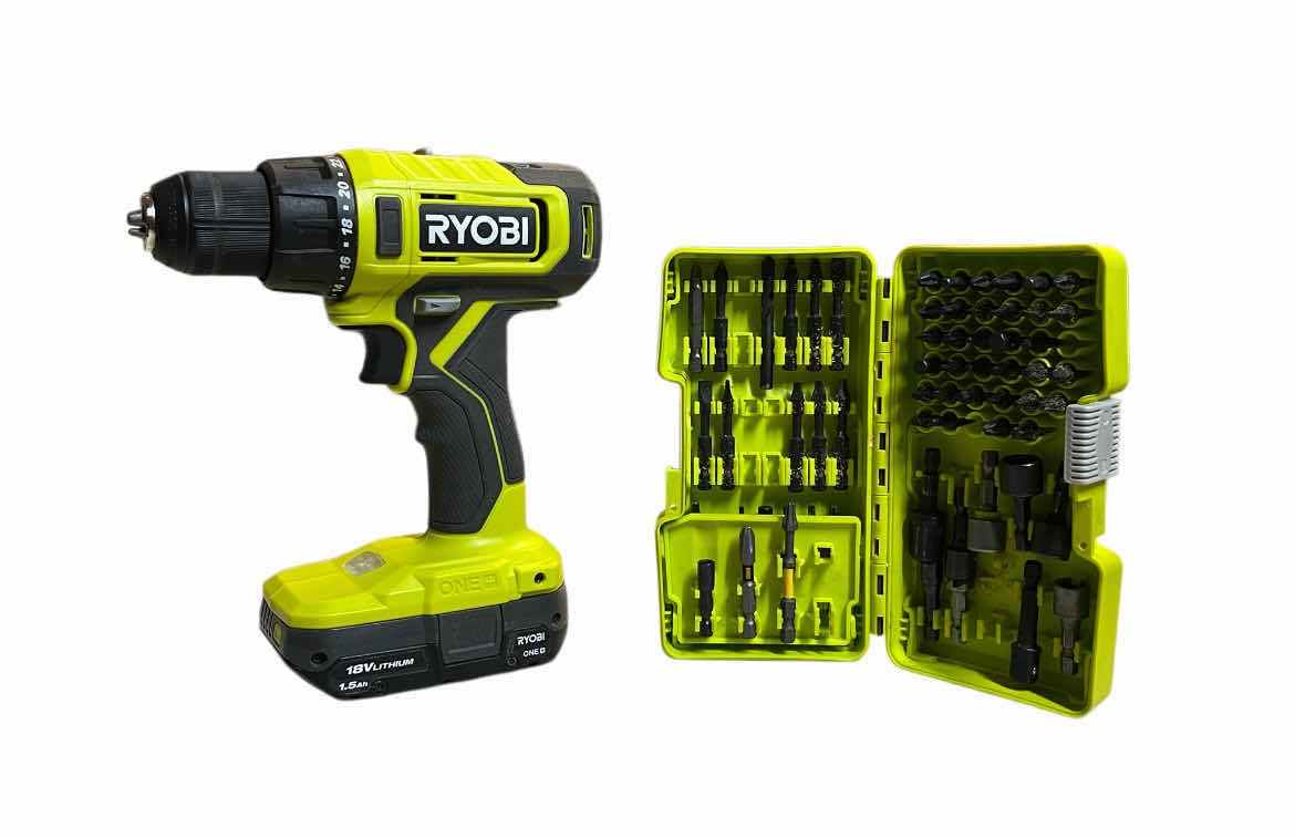 RYOBI ONE PLUS CORDLESS DRIVER DRILL MODEL PCL206 W BATTERY & BIT SET ...