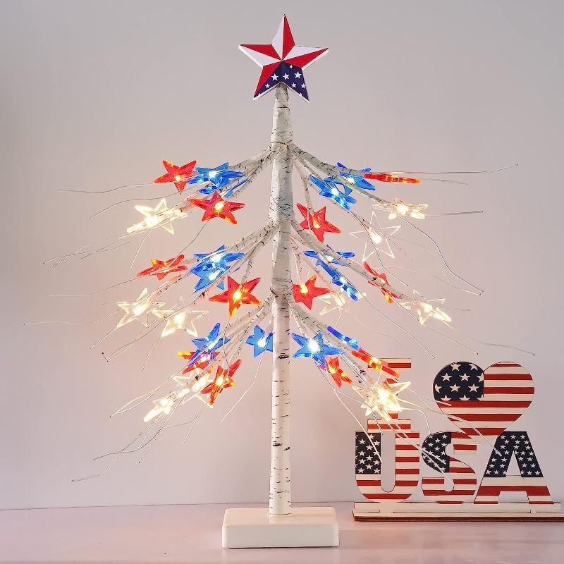 Gudegou 4th of July Lighted Tree with White Blue and Red Starts ...
