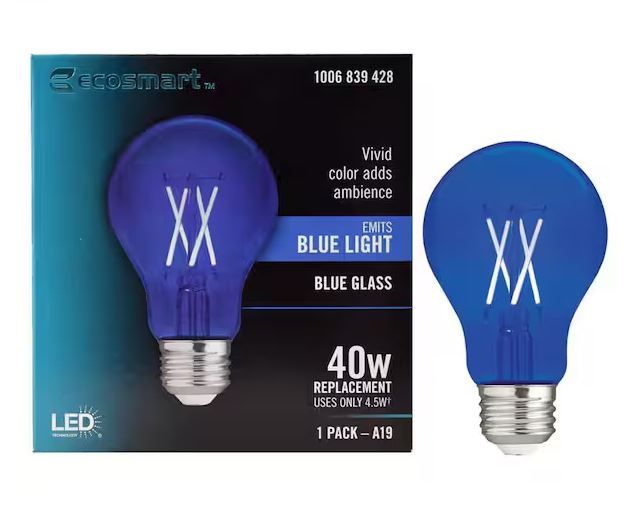 EcoSmart 40-Watt Equivalent A19 Dimmable Filament Blue Colored Glass ... EcoSmart 40-Watt Equivalent A19 Dimmable Filament Blue Colored Glass ...