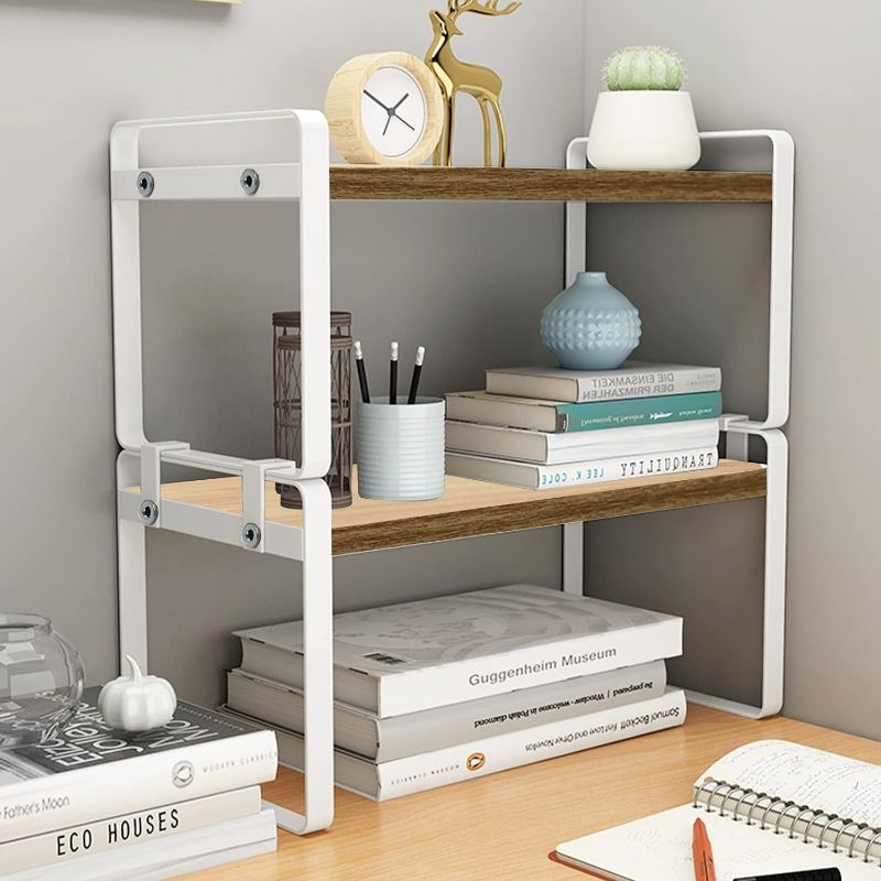 Office Desktop Shelf Organizer, Natural Wooden 2 Tier Desktop Organizer ...