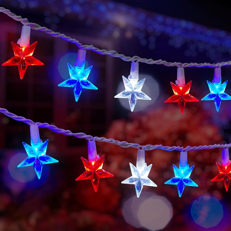 4th of July Decor Red White Blue Stars String Lights, 17ft 50 LED Waterproof Connectable ...