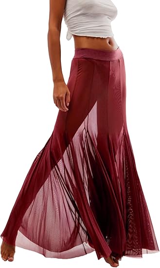 Mealmato Womens High Waist Sheer Mesh A Line Flowy Maxi Skirt Cover Up